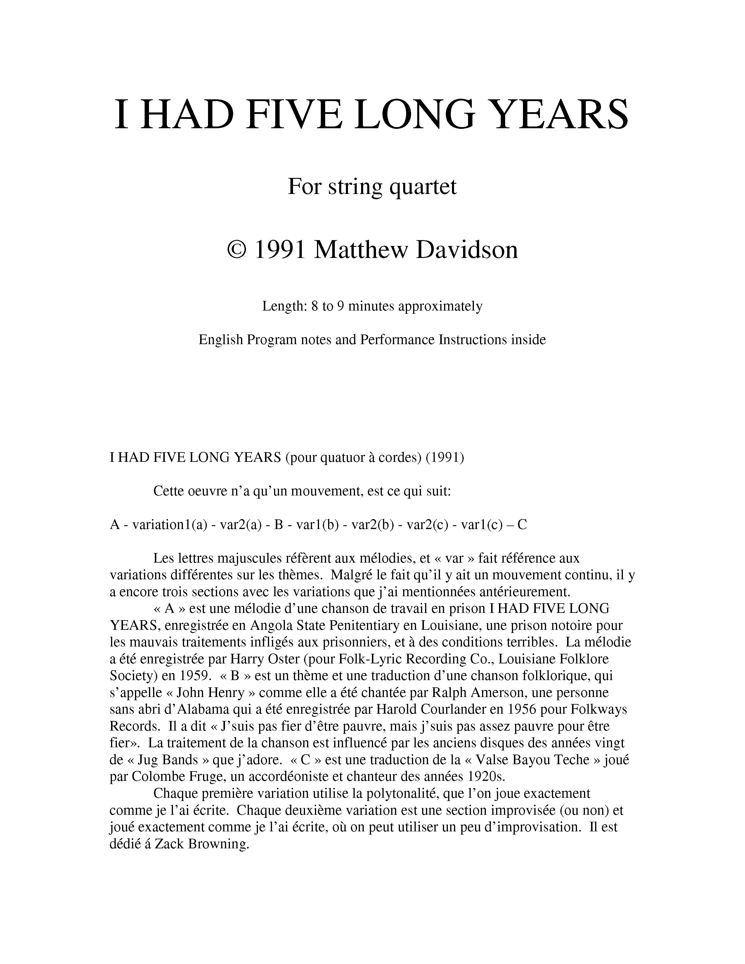 I Had Five Long Years – American Composers Alliance