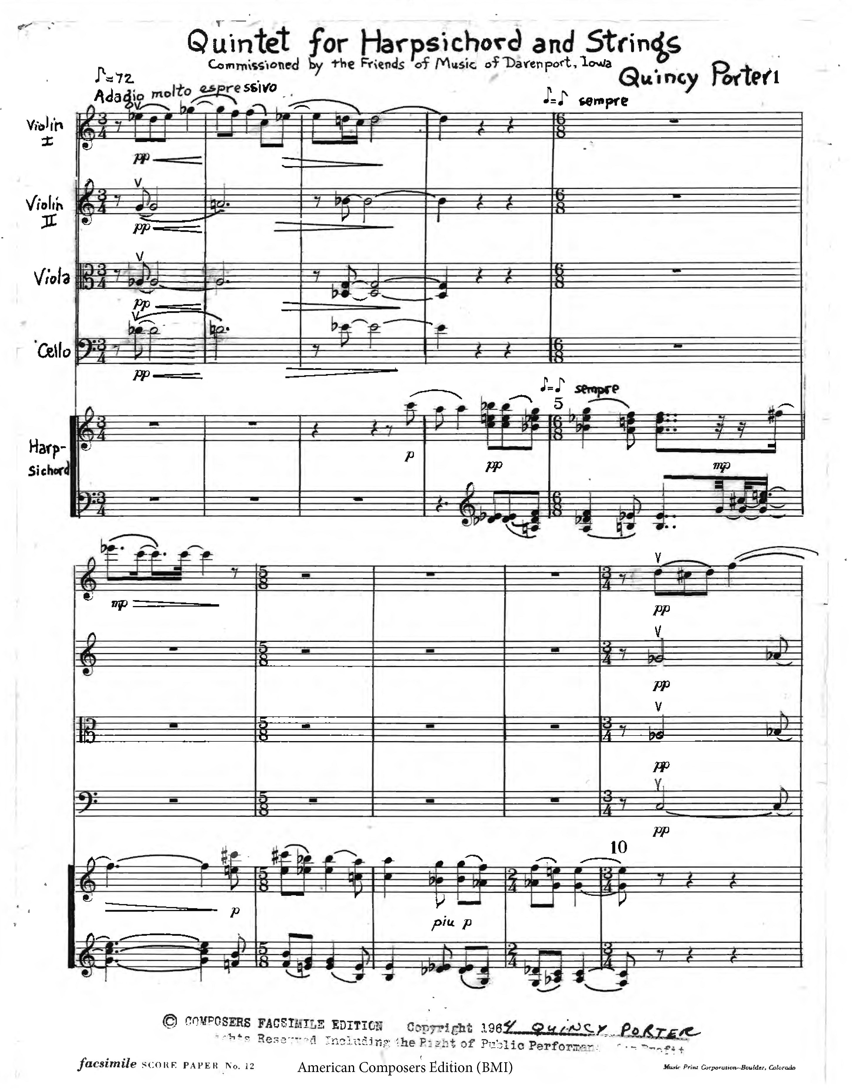 Quintet For Harpsichord And Strings American Composers Alliance