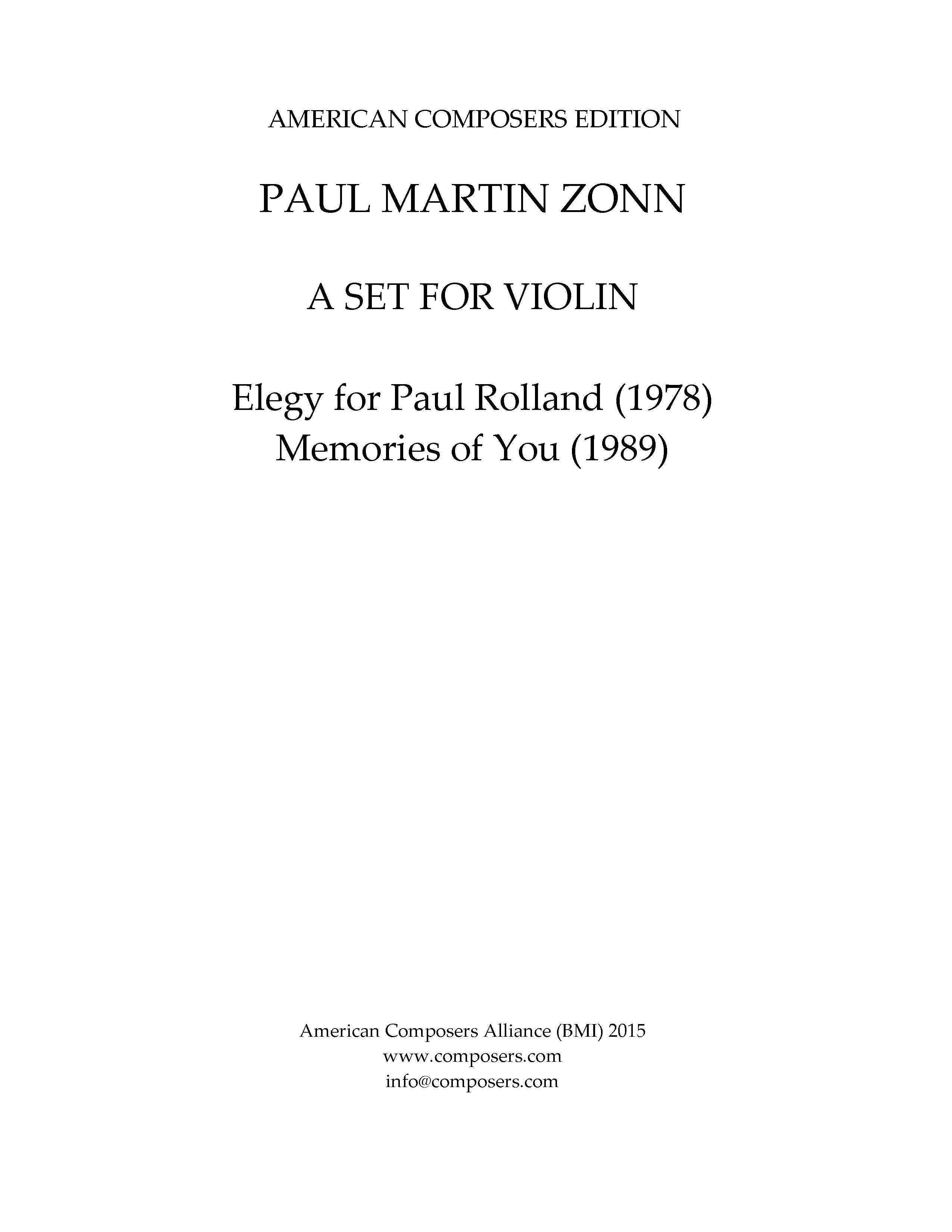 SET FOR VIOLIN (Elegy for Paul Rolland - Memories of You) – American ...