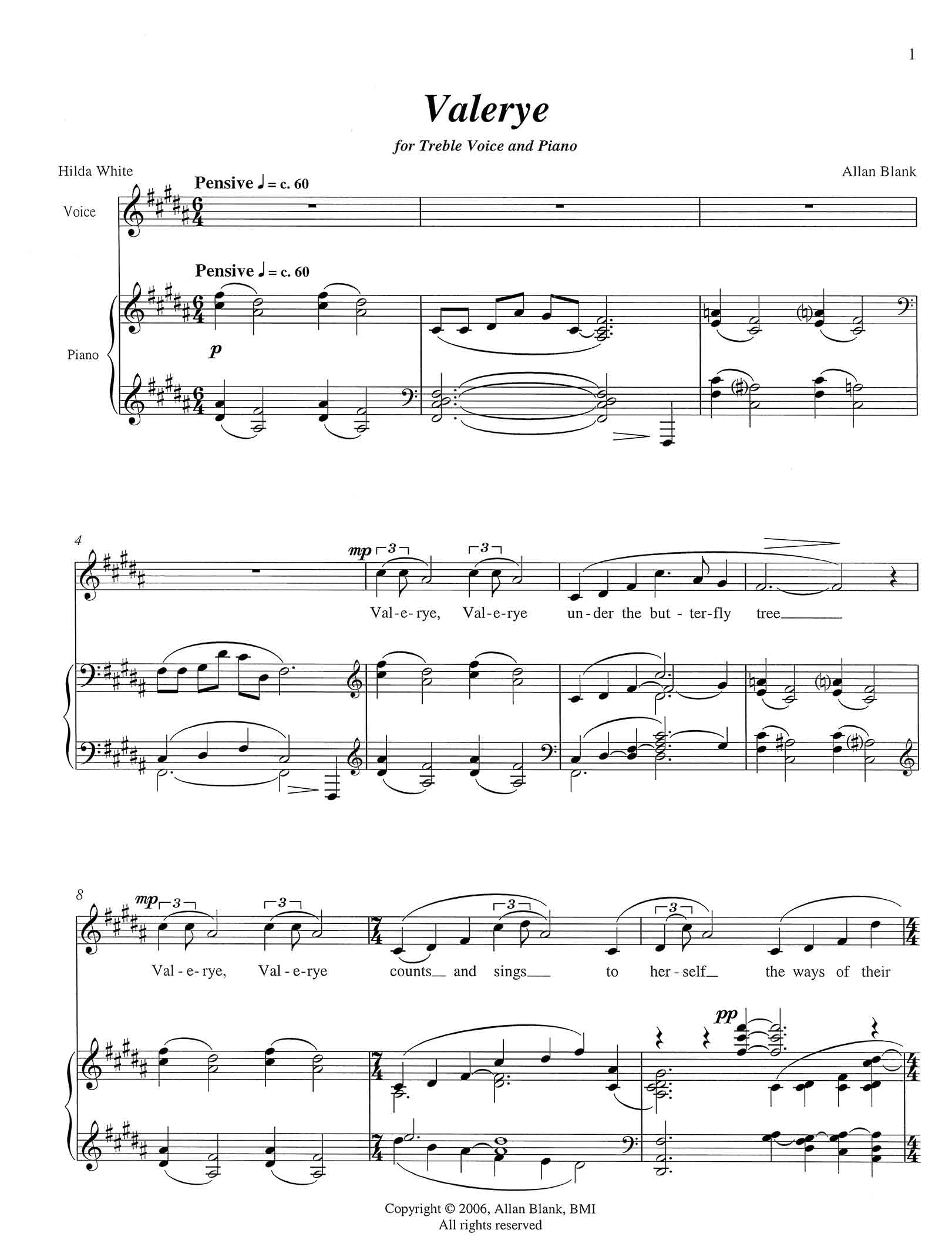 VALERYE for Treble Voice and Piano – American Composers Alliance